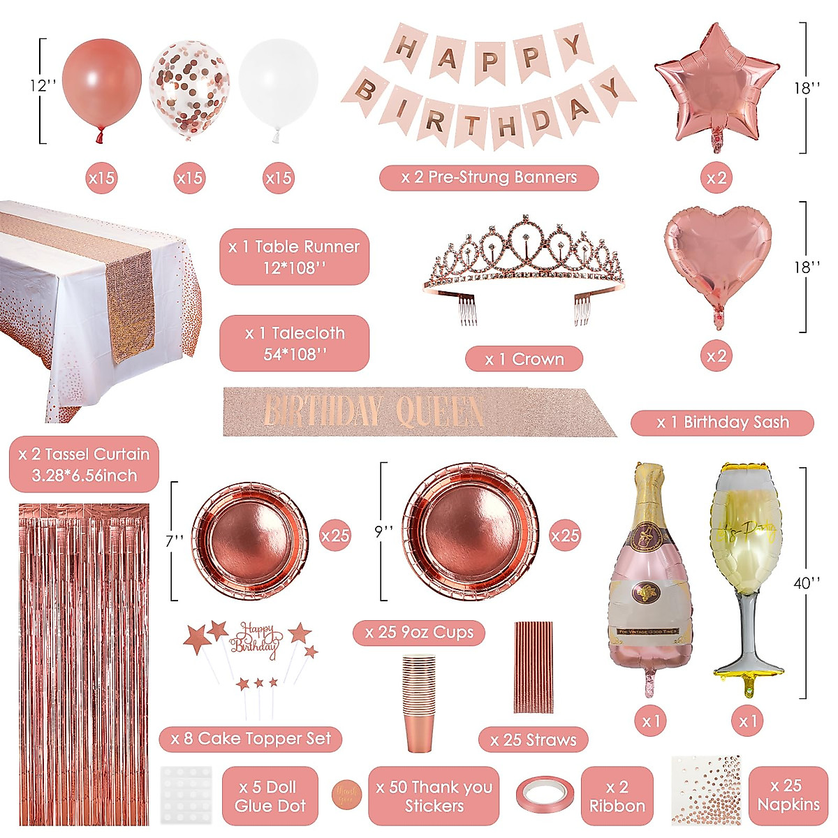 RUBFAC 248pcs Rose Gold Birthday Party Decorations Kit for Women Girls, Happy Birthday Banners, Balloons, Tablecloth, Table Runner, Sash, Tiara, Plates, Cups, Napkins Straws Party Supplies