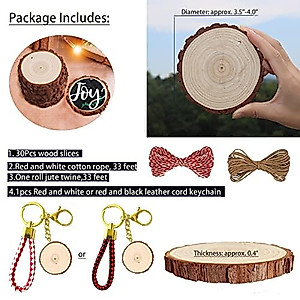 SENMUT Wood Slices 30 Pcs 3.5-4.0 inch Natural Rounds Unfinished Wooden Circles Christmas Wood Ornaments for Crafts Wood Kit Predrilled with Hole Wood Coasters Craft Supplies for DIY and Painting