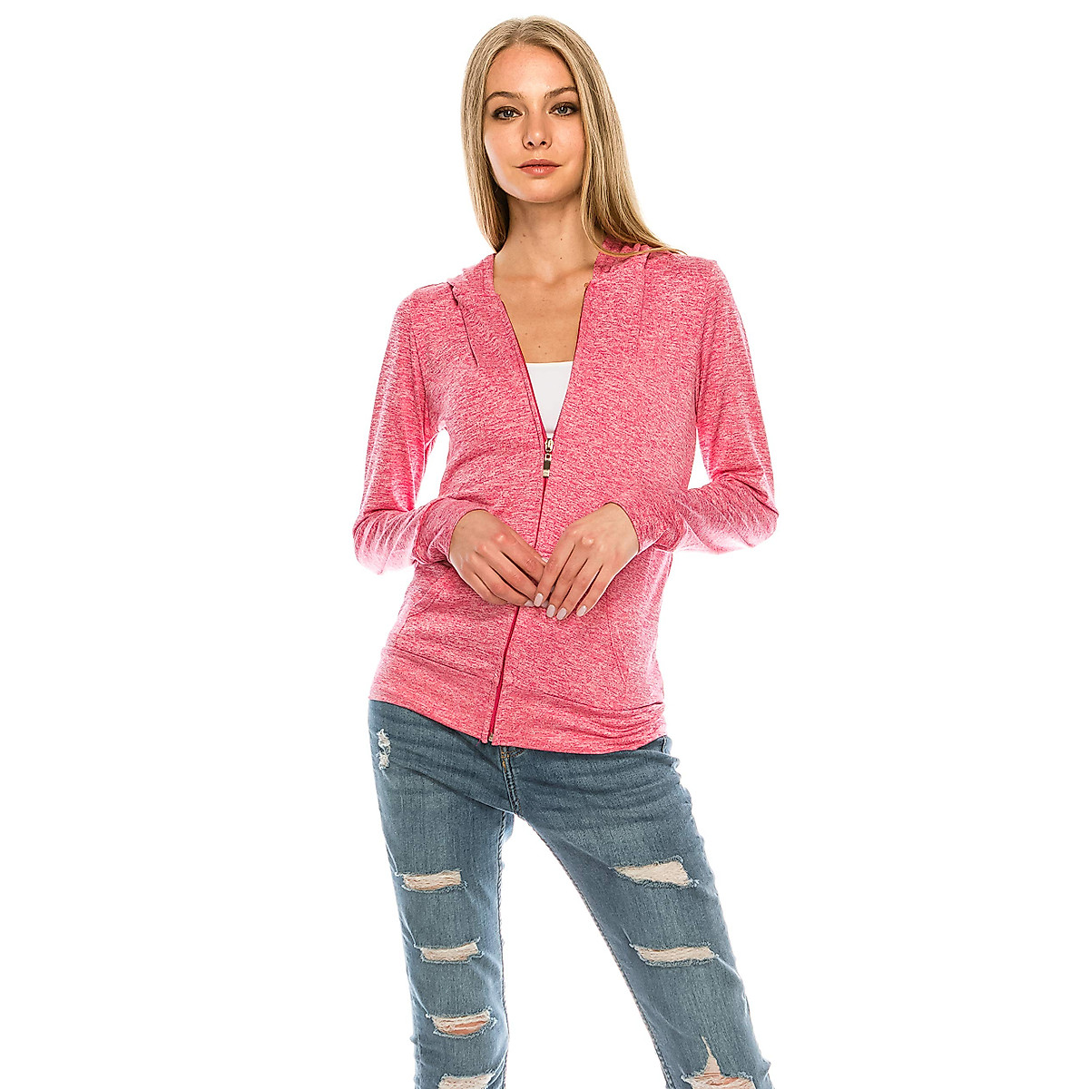 Eevee Women’s Full Zip Hoodie - Casual Slim Fit Lightweight Jacket Long Sleeve Sweater Activewear Yoga Running Hooded Sweatshirt ASJ-4001 ActFuchsia L