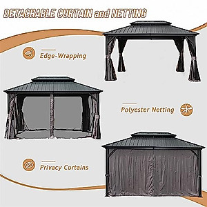 UBGO Outdoor Gazebos 10X12ft,Hardtop Gazebos with Curtains&Netting,Galvanized Steel Double Canopy,Gazebo Outdoor Aluminum Gazebos Grill for Patios Deck Backyard and Lawns