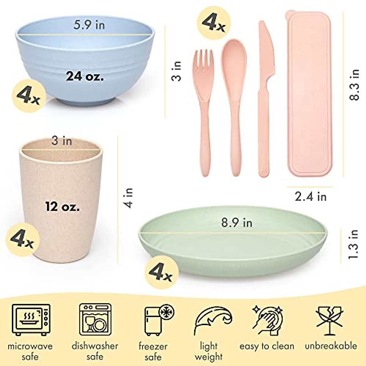 FOODLE Wheat Straw Dinnerware Sets for 4 - Lightweight & Unbreakable Dishes - Microwave & Dishwasher Safe - Perfect for Camping, Picnic, RV, Dorm - Plates, Cups and Bowls - Great for Kids & Adults
