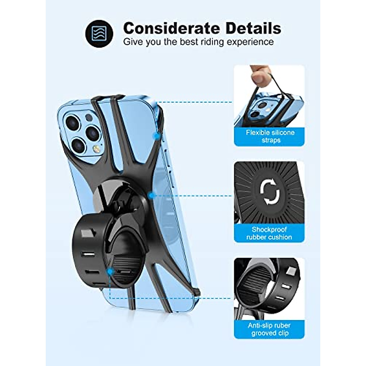 iBytoc Bike Phone Mount, [360°Rotation Shockproof] Bicycle Phone Holder, Universal Silicone Motorcycle Phone Mount Compatible with iPhone 14 13 12 11 Pro Max, More 4.0"-6.7" Phone