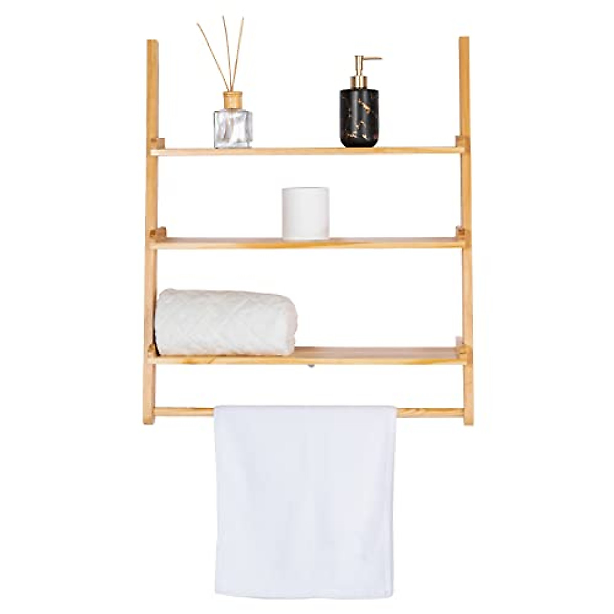 Bloddream Carson 3-Tier Storage Display Shelf, Leaning Solid Wood Storage Rack, Floating Shelf with Towel Bar for Bathroom, Natural Pine Wood