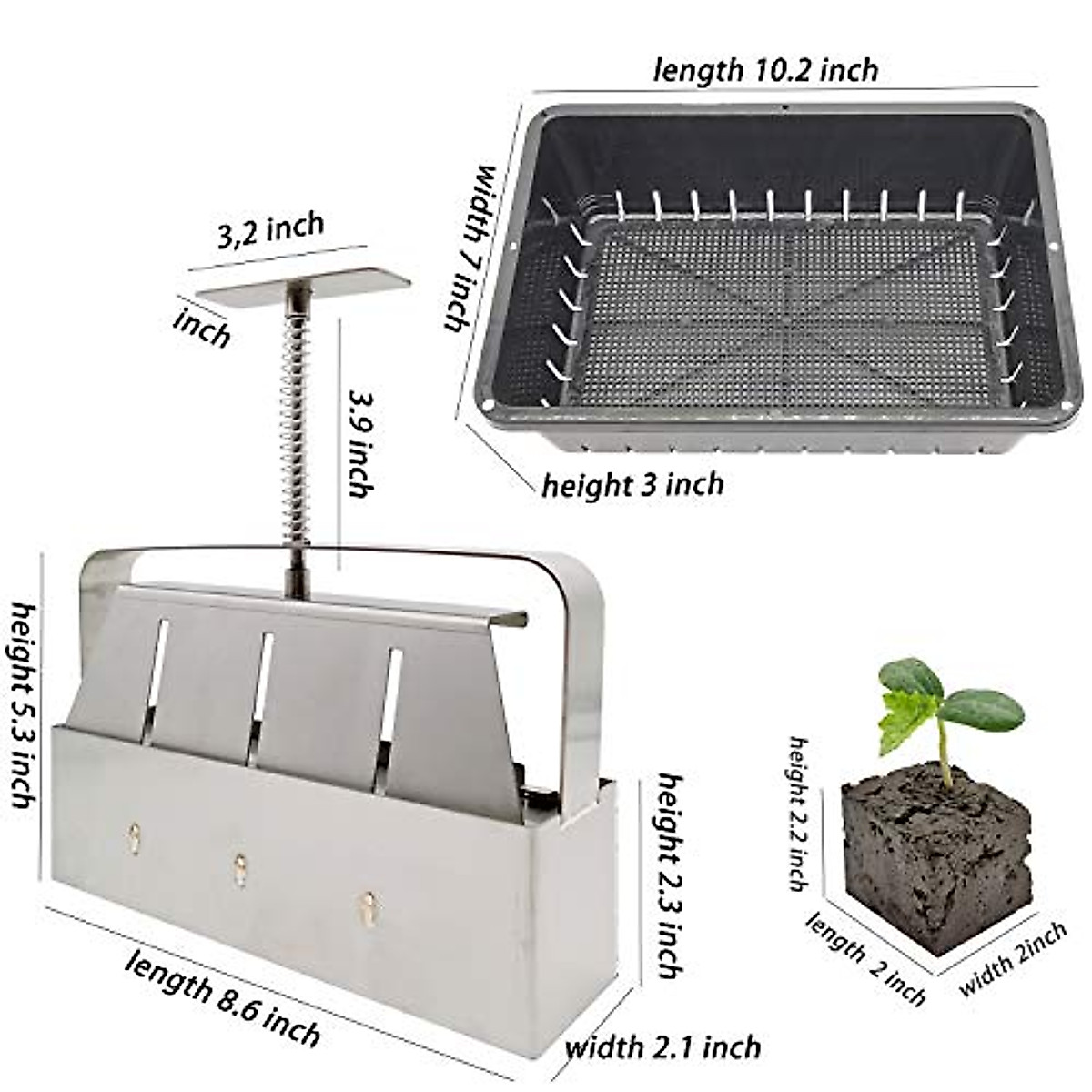 rnairni Manual Quad Soil Blocker & 10" x 7" Plant Growing Trays, Soil Blocking Tool Create 2" Soil Block for Seedlings Greenhouse