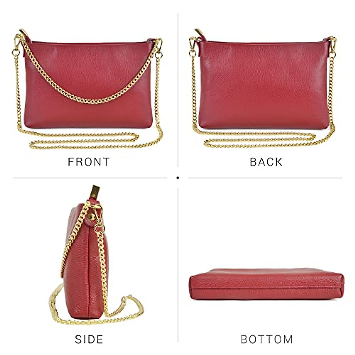 Dasein Italian Genuine Calf Leather Crossbody Bag Smooth Shoulder Bag for Women Metallic Evening Bag Party Purse With Two Chain Strap (Gold)