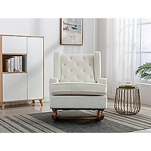 KINFFICT Upholstered Accent Rocking Chair, Mid Century Glider Rocker for Baby Nursery, Modern Wingback Armchair for Living Room, Bedroom, 300 LBS Weight Capacity, White