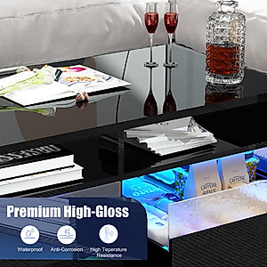 HOMFAMILIA Modern LED Coffee Table w/ 2 Big Storage Drawers,High Glossy 2-Tier Black Coffee Table w/ 60000-Color LED Lights,App Control,Rectangle Center Table w/Open Shelf for Living Room Bedroom