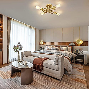 Tickjoy Modern 4 Light Semi Flush Mount Ceiling Light Fixture, Industrial Sputnik Chandelier Ceiling Lamp, Gold Farmhouse Lighting for Bedroom Kitchen Dining Room Living Room Hallway