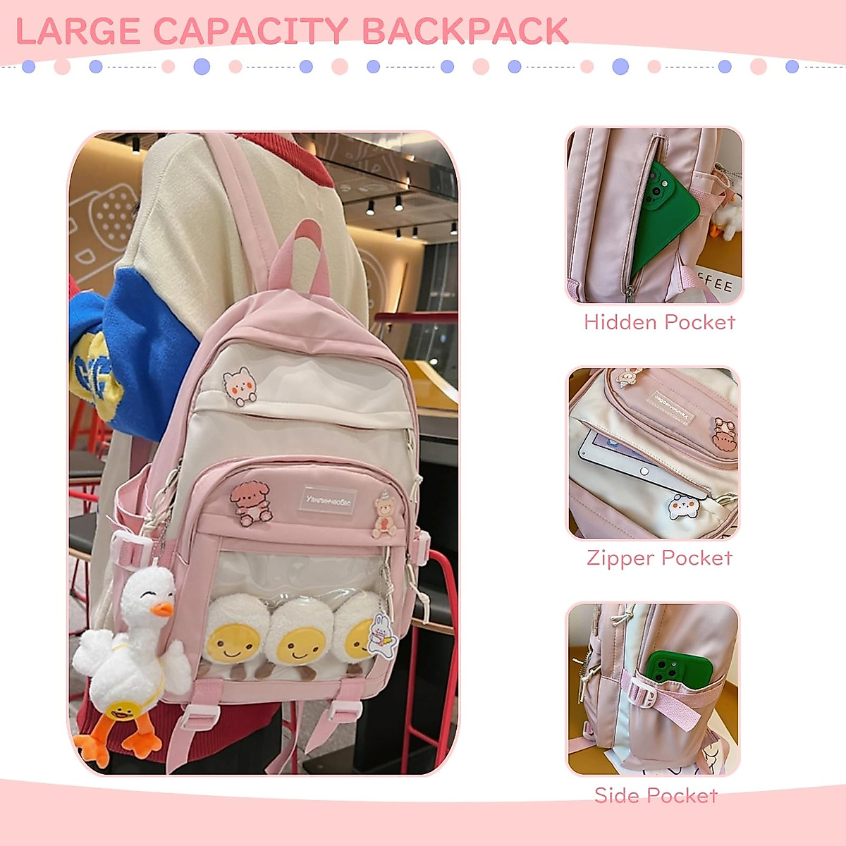 Kawaii Girls Backpack with Pins and Accessories Cute Kids Aesthetic Backpack Teen Bookbags Casual School Bag with Plush Pendant