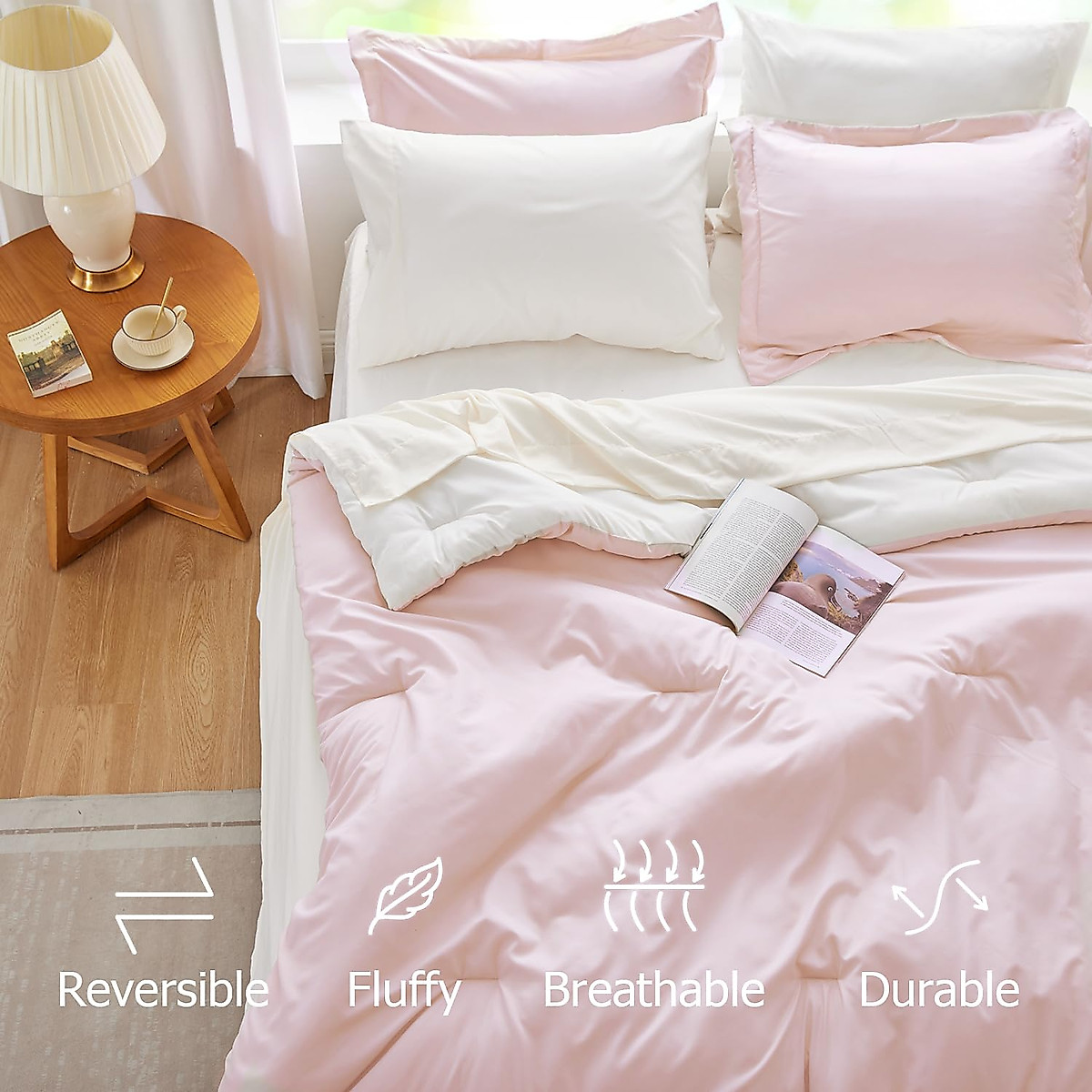 Kozyhvn Twin Bedding Sets for Girls, Pink and White Comforter Bedding Set Reversible, 5 Pieces Soft Bed in a Bag Twin XL with Comforter, Sheets, Pillowcase & Sham, All Seasons Boho Twin XL Bed Set