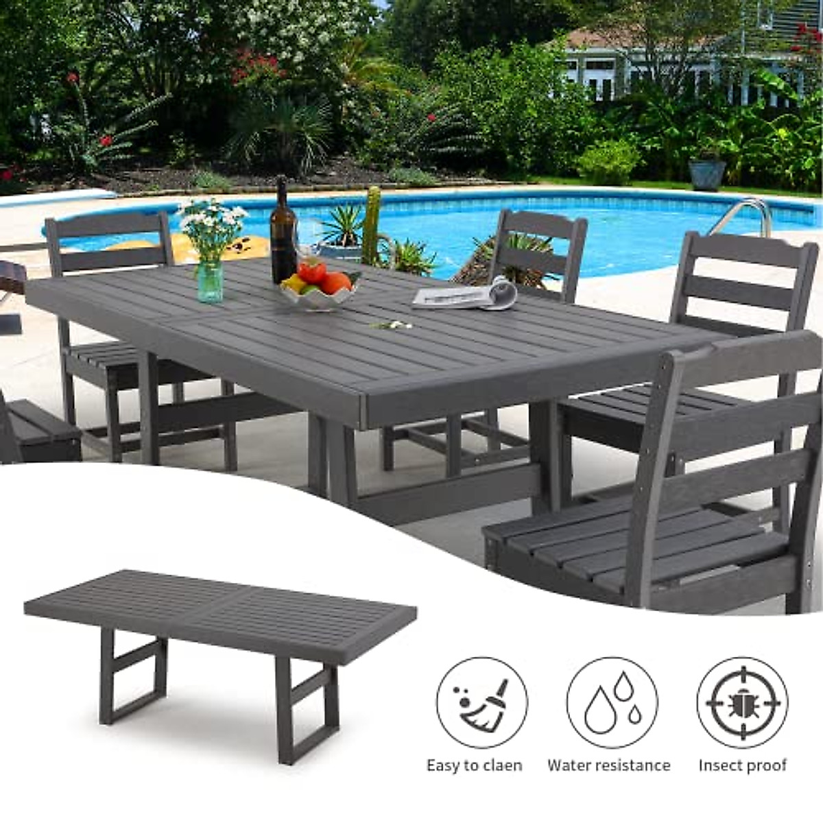 Erinnyees HDPE 7 Piece Patio Dining Set, Garden Furniture Set-6 Patio Dining Chairs and 1 Rectangle Dining Table, Patio Furniture Sets Made of HDPE Material for Backyard, Porch, Lawn and Garden,Gray