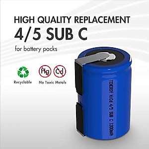 Tenergy 4/5 SubC 1.2 Volts 1300mAh NiCD Rechargeable Batteries with Tabs, Flat top, 15 Pack