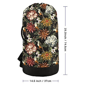 VIGTRO Vintage Spring Flower Bird Large Heavy Duty Laundry Backpack Hamper with Shoulder Strips and Drawstring, Retro Peony Floral Nylon Waterproof Laundry Bag Durable for Dorm Laundromat Travel