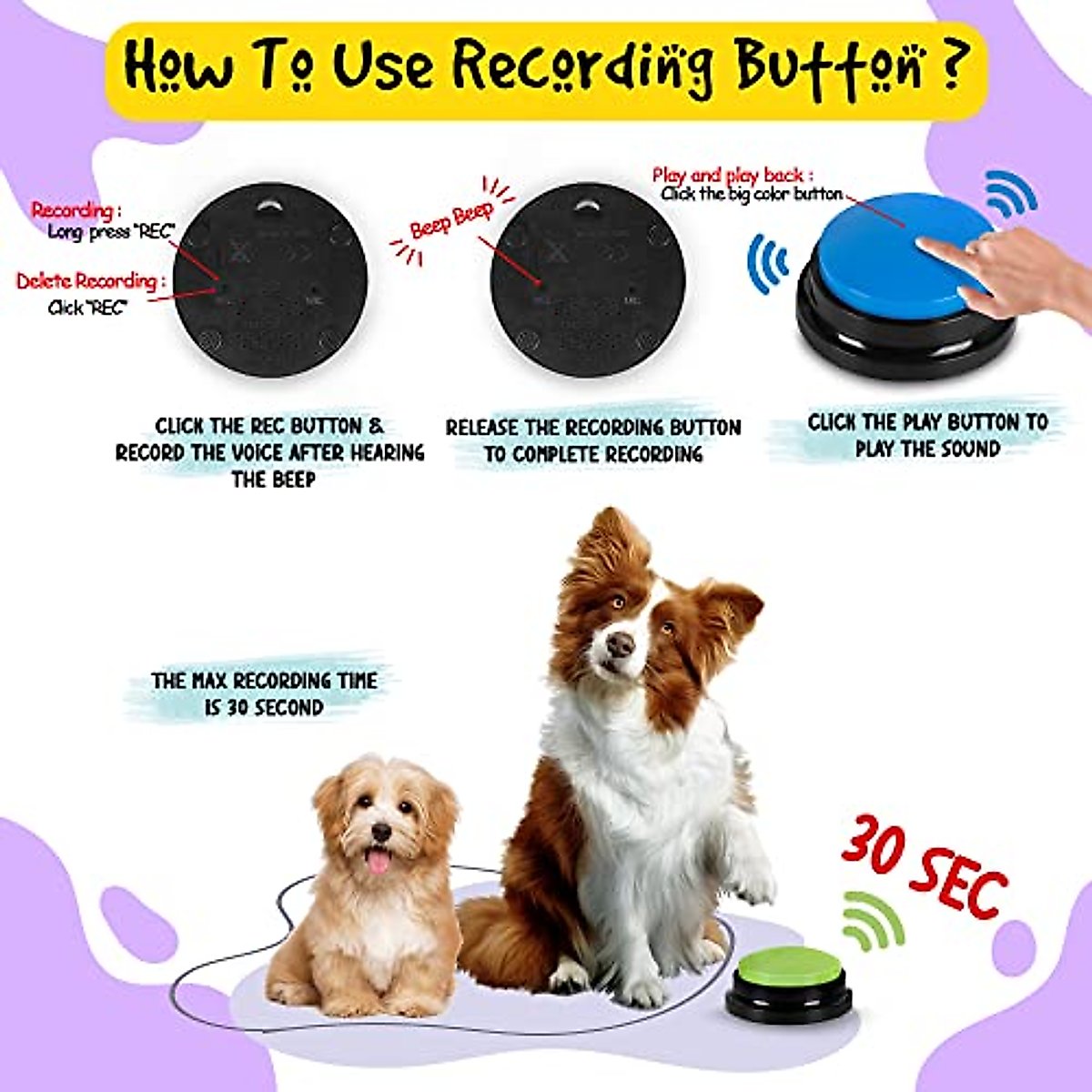 SUHSAI Dog Buttons for Communication, Pet Training Buzzer 30 Second Records & Playback, Voice Recorder and Speaking Button, Dog Talking Button for Pet, Cat, Dog (Pack of 4)