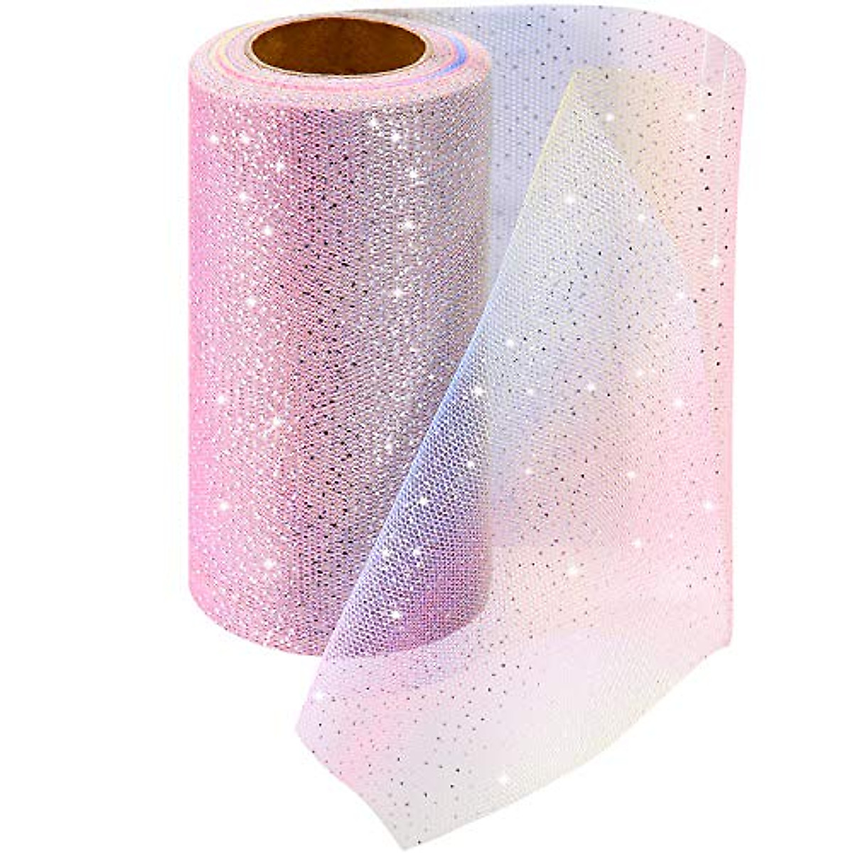 25 Yards Rainbow Glitter Tulle Roll Netting Fabric Ribbon Spool Shiny Sewing Ribbon Gradient Craft Ribbon for Table Chair Sash Bow Costume Christmas Wedding Birthday Baby Shower (Rainbow Color)
