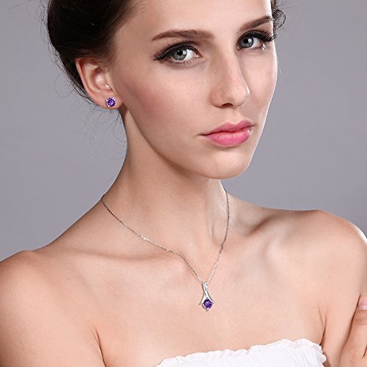 Gem Stone King 925 Sterling Silver Round Cut Purple Amethyst Earrings Pendant Set For Women (2.25 Carat, Gemstone Birthstone, with 18 Inch Silver Chain)