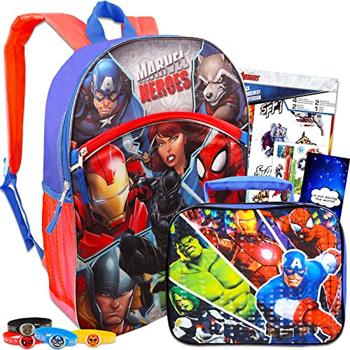 Avengers Backpack with Lunch Box Set - Bundle with 15" Avengers Backpack, Marvel Lunch Bag, Stickers, Bracelets, More | Avengers Backpack for Boys