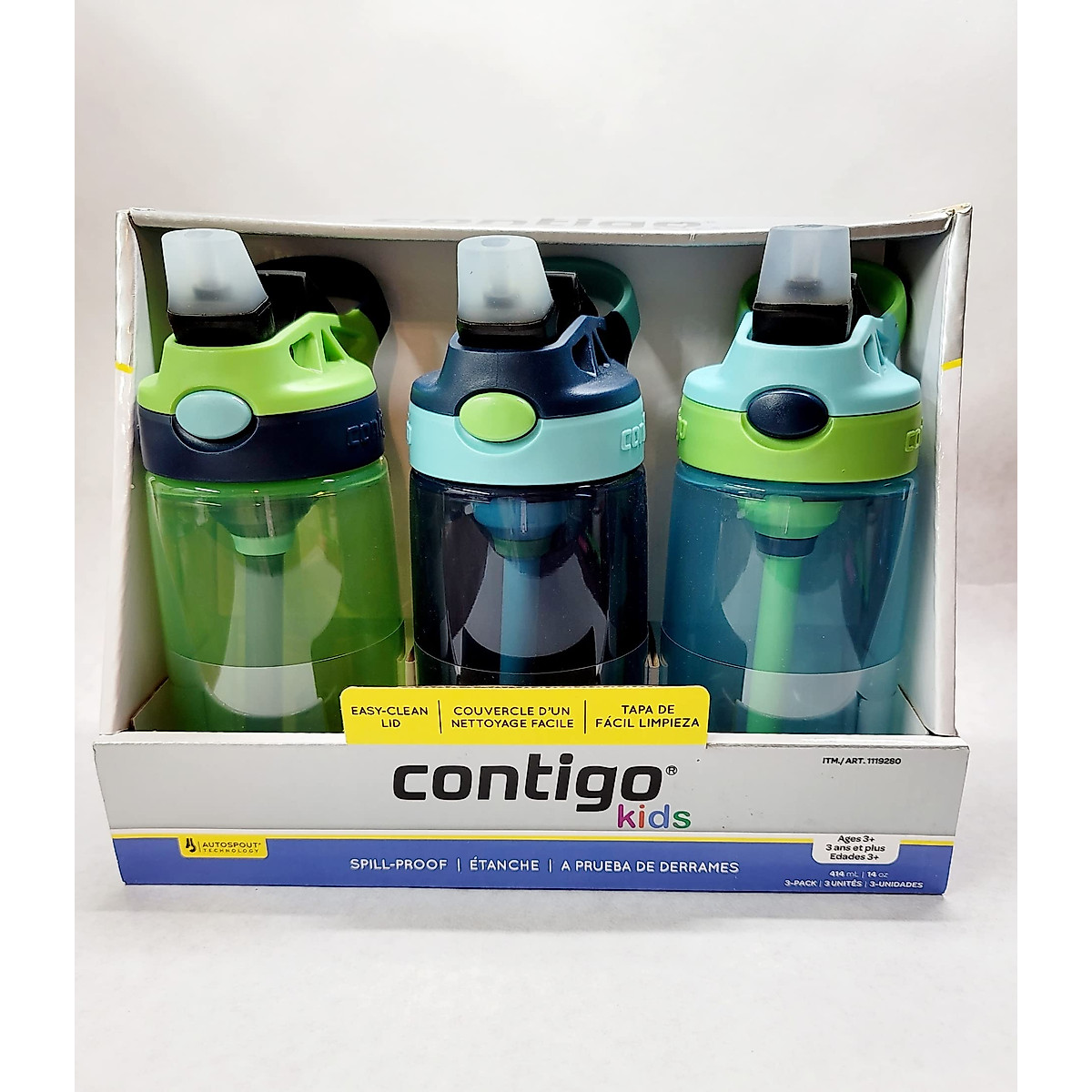 Contigo Kids Water Bottle, 14 oz with Autospout Technology – Spill Proof, Easy-Clean Lid Design – Ages 3 Plus, Top Rack Dishwasher Safe, 3-Pack, Green / Blue, blue green