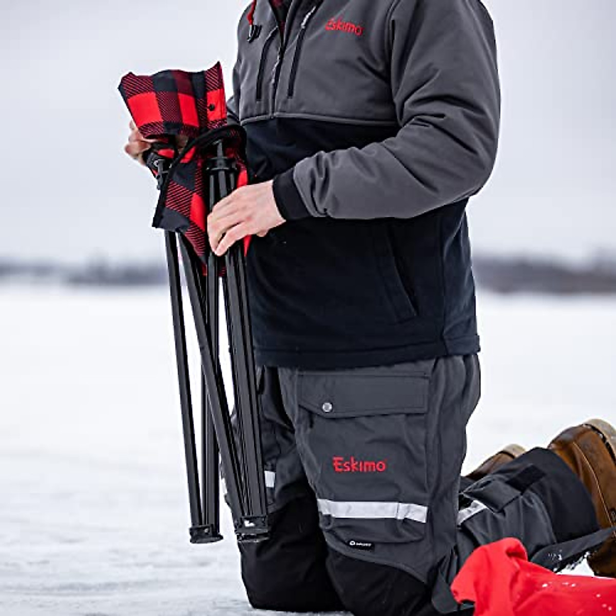 Eskimo Folding Ice Chair, Standard, Buffalo Plaid Adjustable Height, Alloy Steel Red/Black