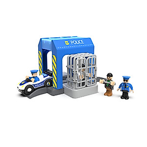 Wooden Train Tracks Accessories, Train Set Piece of Police Station Compatible with All Railroad Track Collection, Train Toys Expansion Pack for Kids Ages 3 and Up.