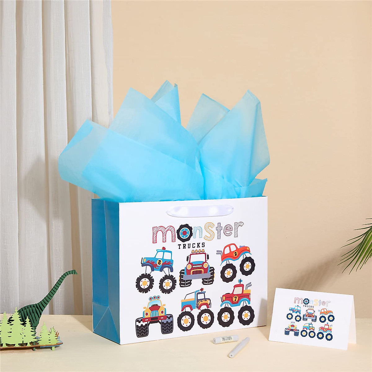SUNCOLOR 13" Large Gift Bag with Tissue Paper for Boys (Monster Truck)