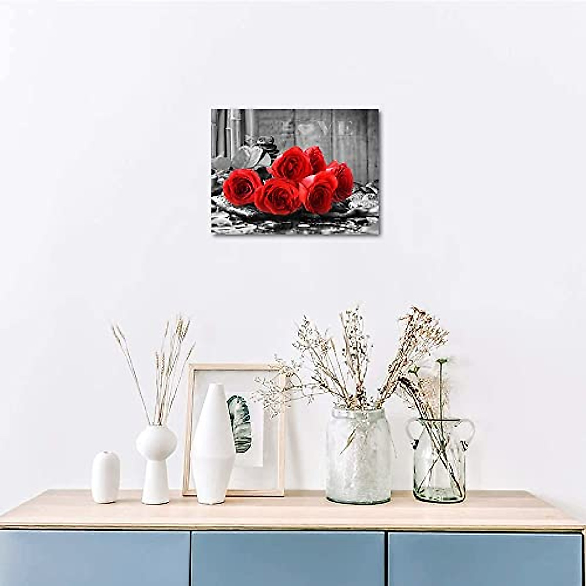 YMYXMC33 Red Rose Flower Picture Decor Wall Art Canvas Print Black and White Poster Country Love Decoration Bedroom Kitchen Bathroom12x15