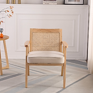 Guyou Mid Century Modern Rattan Chair, Upholstered Velvet Accent Chair with Rattan Back, Retro Living Room Chair for Bedroom/Fire Place/Reading Room (Beige)