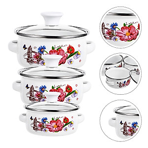Totority Enamel Stockpot 3 Pcs Kitchen Enamel Stockpot with Lid, Retro Flower Stew Bean Cooking Pot, Vintage Thicken Soup Pot with Handles, Nonstick, Safe for Induction Cookers, Gas Stove