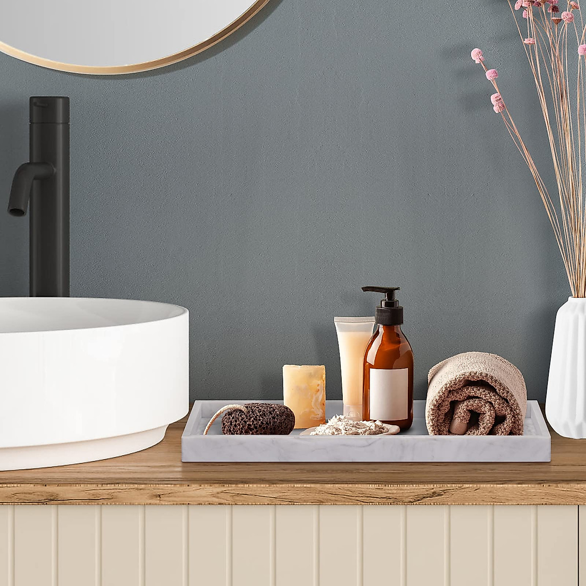 Sancagy 11.8IN Rectangular Vanity Tray, Silicone Bathroom Tray for Counter, Toilet Tank & Kitchen Sink - Small Trays, Soap & Perfume & Jewelry & Candle & Key Vanity Tray