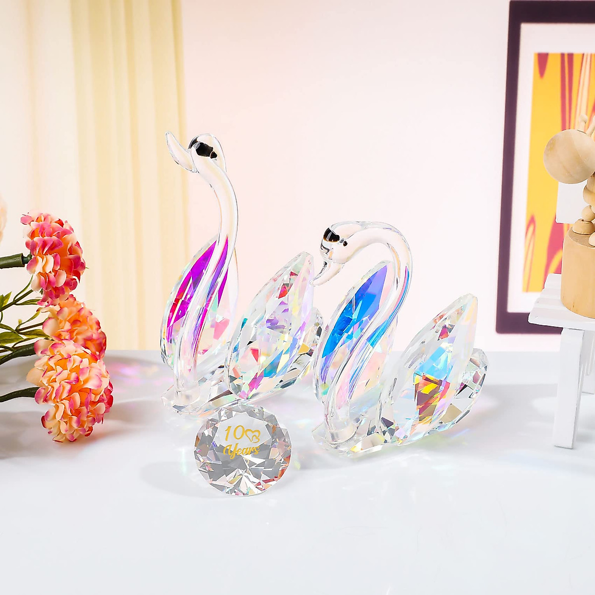 YWHL 10 Year Anniversary Swan Gifts for Her, 10th Wedding Anniversary for Couples, Crystal Swan Figurine Decoration with 10 Years of Love Diamond, Valentines Day Present Romantic Gifts Birthday Gift