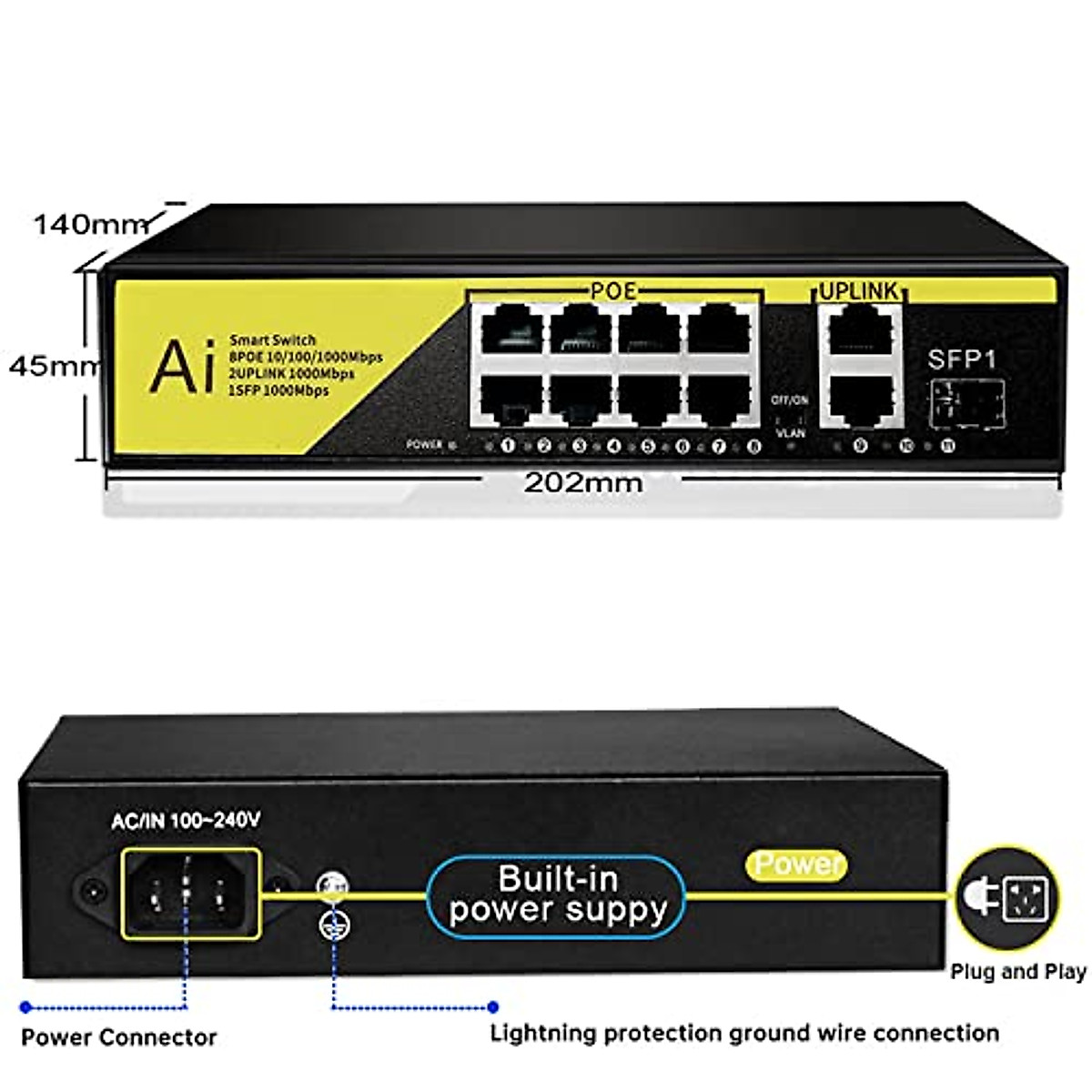 Link ROW08G 11 Port Gigabit PoE Ethernet Switch with 8 Port PoE 120W+2 Uplink+1 SFP Slots, Unmanaged Ethernet Splitter, Plug & Play,802.3AF, Fanless Quiet, Shielded Ports, Traffic Optimization