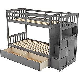 DNYN Stairway Twin Over Full & Twin Bunk Bed with Storage Shelves & Drawers,Convertible Bunkbeds,Wooden Home Furniture Bedframe,No Box Spring Need,Perfect for Kids Bedroom,Guest Room, Gray