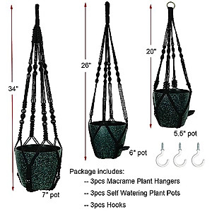 Self Watering Hanging Planters & Macrame Plant Hangers Plastic Flower Pots with Cotton Rope Hanging Baskets for Indoor Outdoor Boho Home Decor Black Green Speckled Set of 3