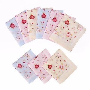 HOULIFE Ladies 100% 60S Cotton Handkerchiefs Womens Red Rose Floral Print Hankies for Wedding Party 18x18