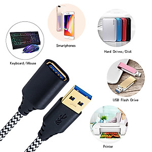 USB 3.0 Extension Cable, Besgoods 2-Pack 10ft USB to USB Extension Cable Braided USB Extender Cable - A Male to A Female Fast Data Extension Cord with Gold-Plated Connector – White