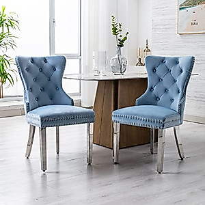 Restworld Velvet Dining Chairs Set of 2,Upholstered Tufted Back Nail Trim Accent Chair with Stainless Steel Legs,Blue