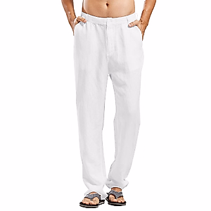 PASLTER Men's Linen Pants Elastic Waist Straight Leg Loose Fit Lightweight Yoga Casual Beach Trousers with Pockets White