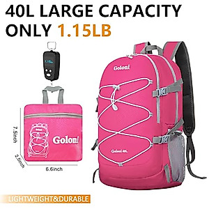 Goloni Ultra Lightweight Packable Backpack 40L - Foldable Hiking Backpack Water Resistant Small Foldable Daypack for Travel,Pink