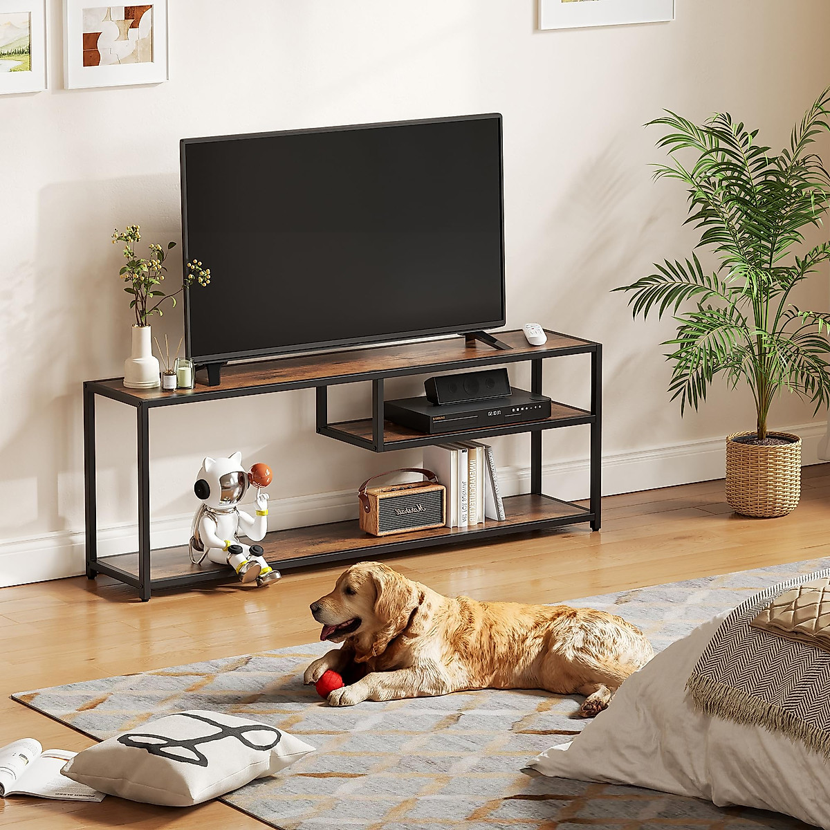 TECHMILLY Modern TV Stand for 65" TV, TV Table with Storage Shelves, Entertainment Center with Metal Frame, TV Console Table for Living Room, Bedroom, Rustic Brown