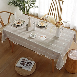 Gernaice Rustic Stripe Embroidered Tablecloth Heavy Rectangle Tassel Cotton Linen Table Cloth Wrinkle Free Washable Table Cover for Kitchen Dinning Party Holiday Brown 55x86 Inch