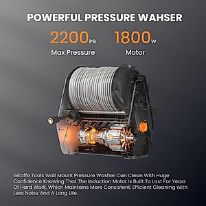 Giraffe Tools Grandfalls Pressure Washer G50, Electric Wall Mounted Pressure Washer, Power Washer with 100FT Replaceable Retractable Reel, Wall Hanging Pressure Washer, Silver Case