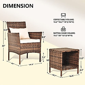 Patio Porch Furniture Sets 3 Pieces Rattan Wicker Chairs with Table and 2 Pillow Outdoor Garden Furniture Sets Conversation Chair Set