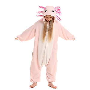 DELEY Unisex Pink Axolotl Onesie Kid Pajamas, Flannel Animal One Piece Costume Sleepwear Halloween Cosplay Homewear