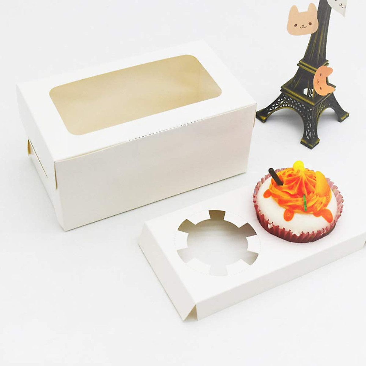 PRALB 50Pack White Paper Cupcake Boxes with Pvc Window and Two Treat Holder, Pastry and Cookie Box,Cupcake Containers Bakery Cake Box,Auto-Popup Cupcake Carriers Bakery Cake Box(6.3x3.5x3inch)