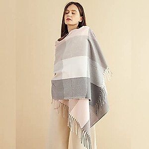 Sumato Scarf for Women Fall Winter Lightweight Shawl Wraps Long Blanket Women Scarves Warm Soft Cashmere Feel Plaid Pattern Tassel Grey