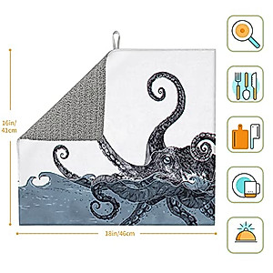 Octopus in the sea Printed Drying Mat For Kitchen Ultra Absorbent Microfiber Dishes Drainer Mats Non-Slip Silicone Quick Dry Pad - 18 X 16inch