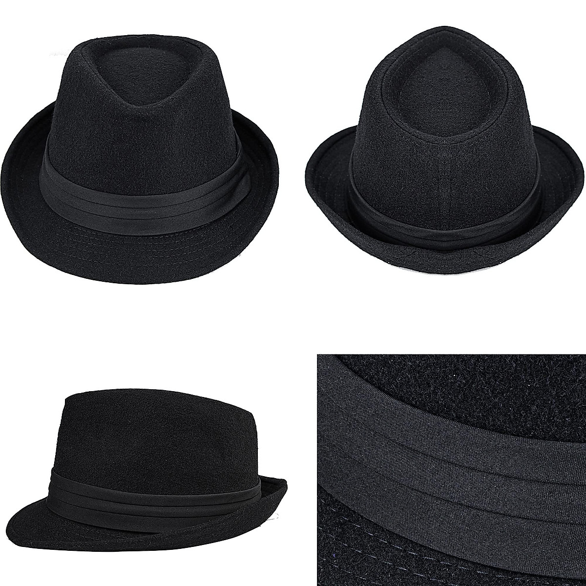 Men Classic Fedora-Hat Felt Manhattan-Gangster-Trilby with Band Unisex Women's Structured Trilby Fedora Hat(Size:S) (US, Alpha, Medium, Black)