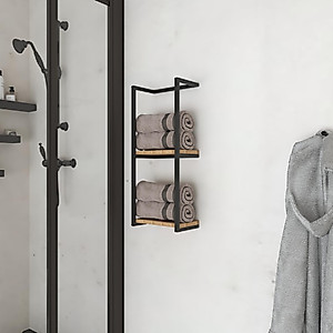 2-Tier Bathroom Shelf, Wall Mounted Storage for Towels and Blankets, Wood and Metal Frame, Anti-Rust Rustic Towel Rack with Shelf for Toiletries, Bathroom, Bedroom, and Potted Plants (Large)