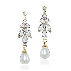 UDORA Women Zirconia Teardrop Pearl Long Dangle Earrings Bridal Bridesmaid Wedding Gifts (Gold)