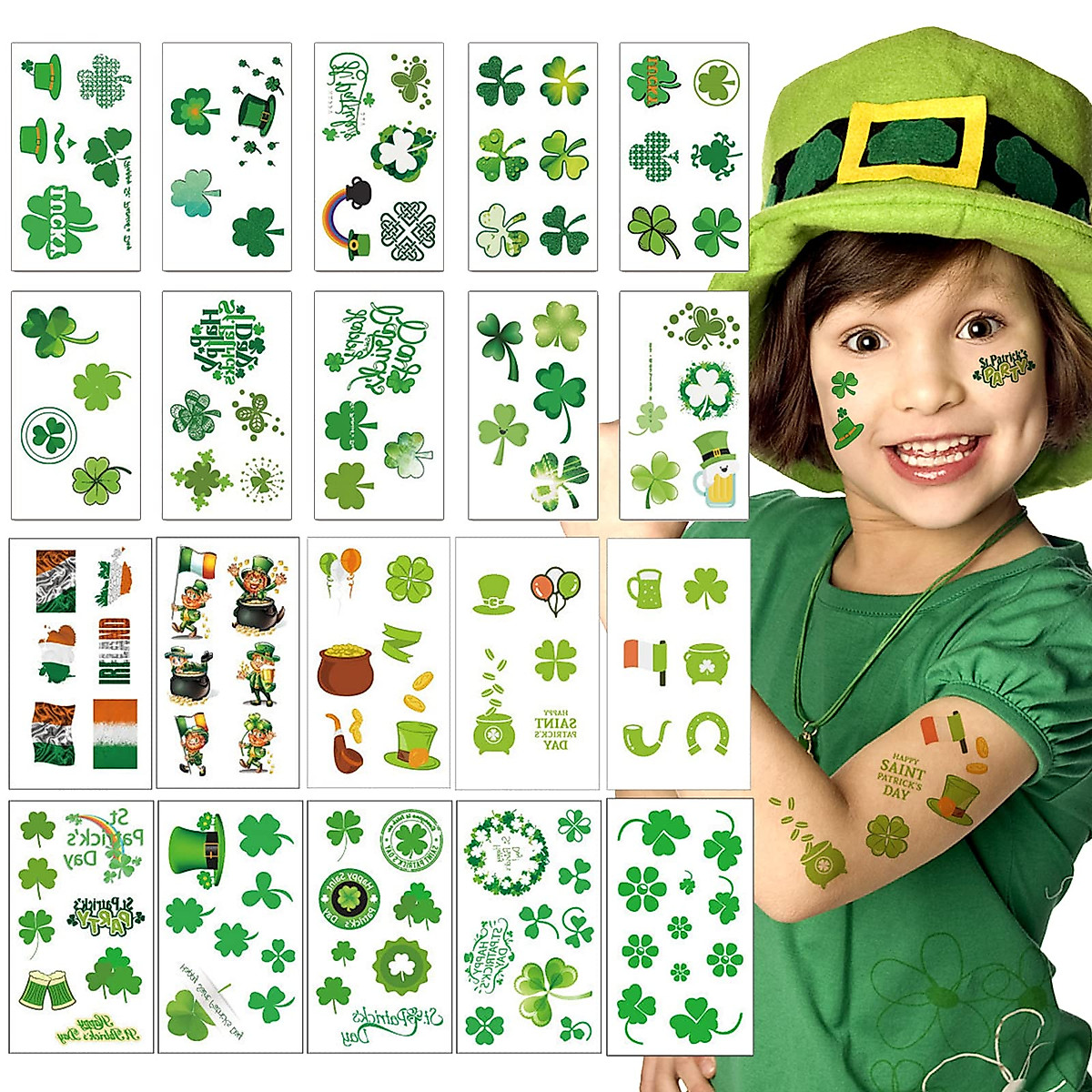 AOYOO St Patricks Day Tattoos, 20 Unique Sheets Shamrock Patterned Tattoos Sickers, St. Patrick's Day Face Tattoos for Kids, Irish Parade and Party Favors Decoration
